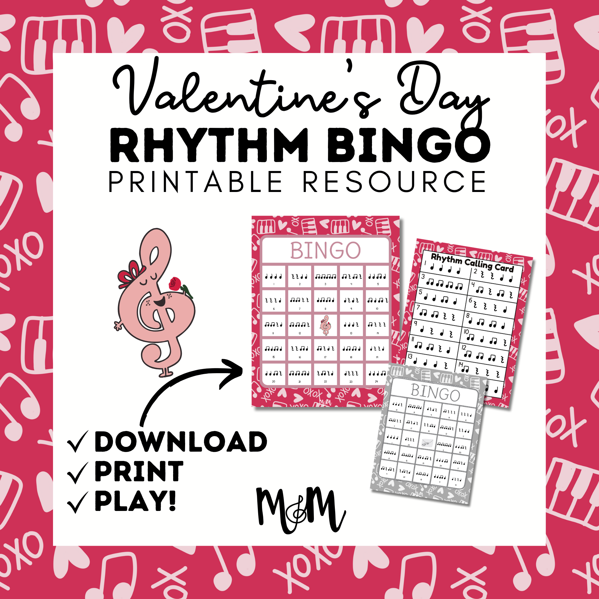 Valentines Day Rhythm Bingo | Printable Music Class Activity DIGITAL D ...