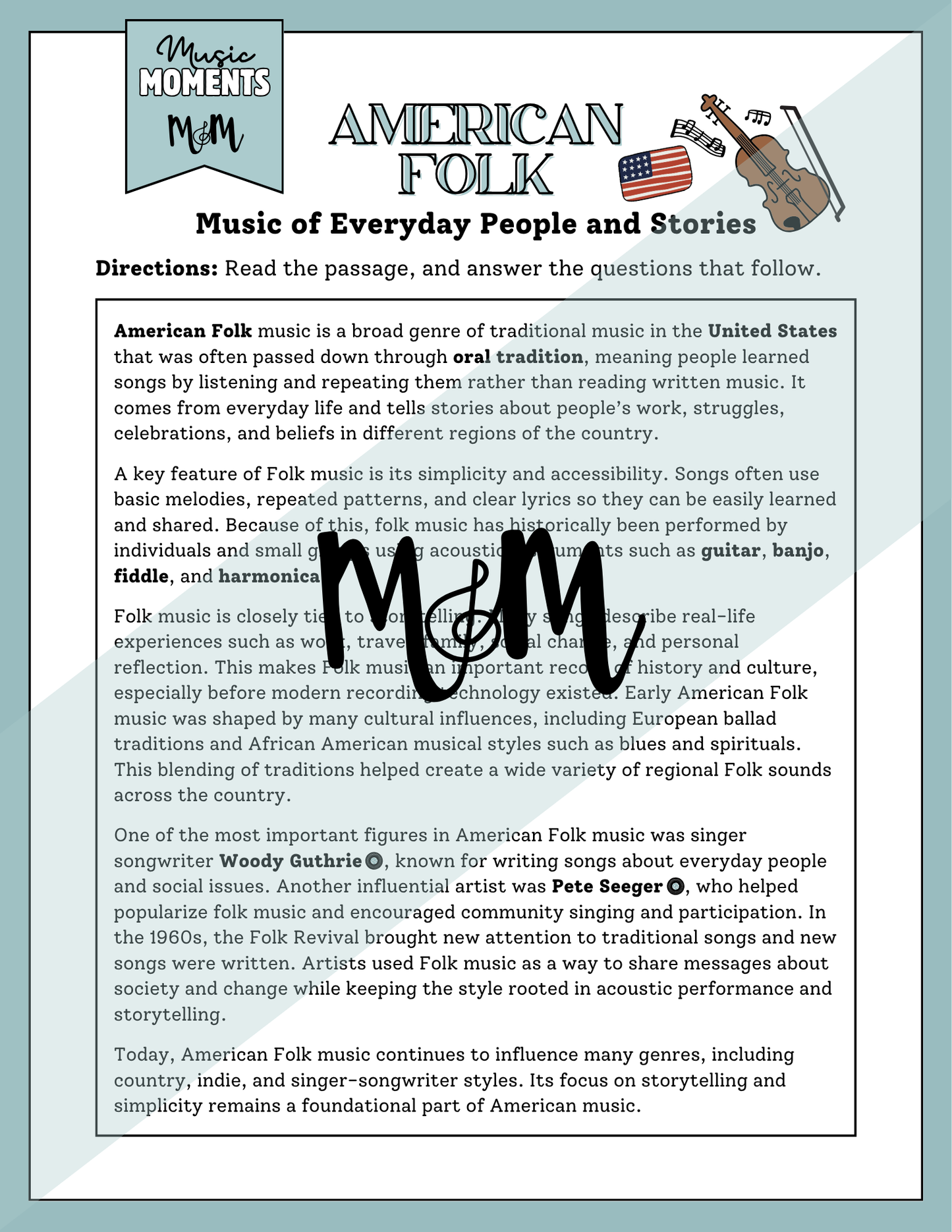 American Folk | Close Reading Worksheet Listening Activity & Music Ext ...