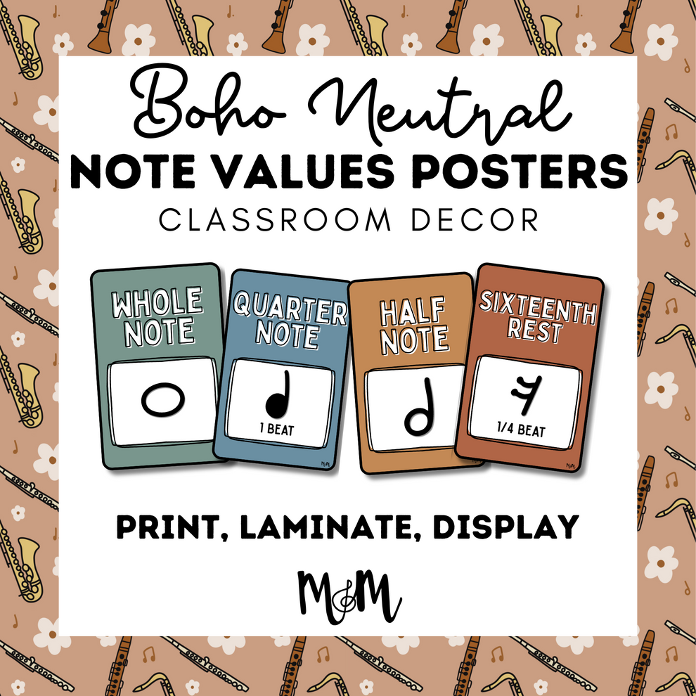 Boho Neutral: Note Values Posters DIGITAL DOWNLOAD – Musically Minted