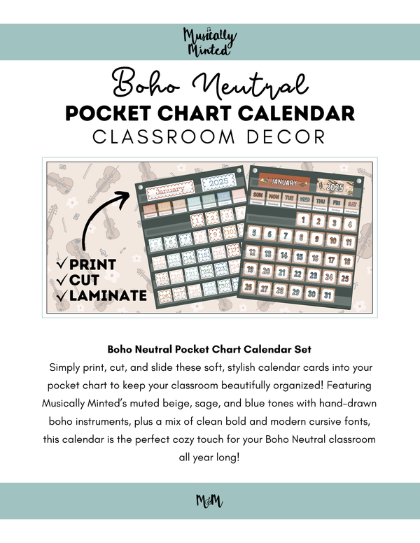 Boho Neutral: Pocket Chart Calendar DIGITAL DOWNLOAD – Musically Minted