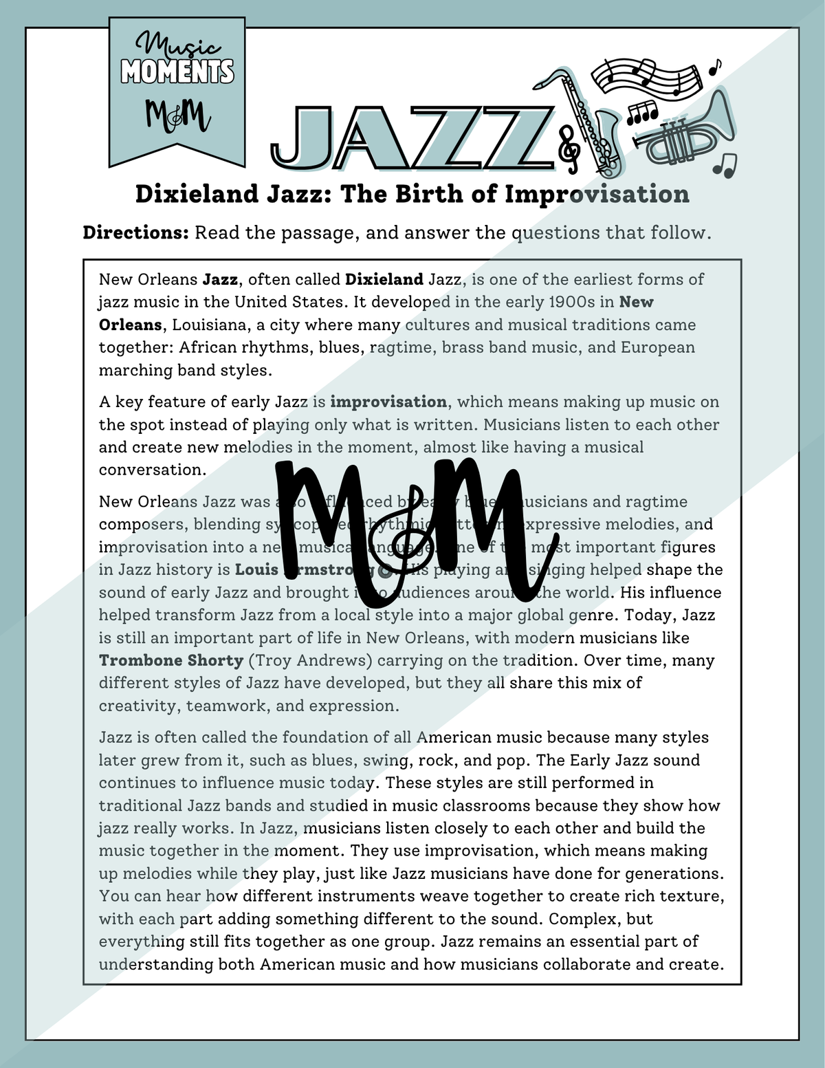 Early Jazz | Close Reading Worksheet Listening Activity & Music Extens ...