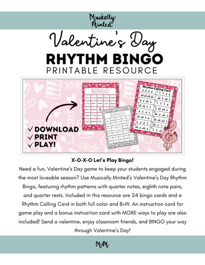 Valentines Day Rhythm Bingo | Printable Music Class Activity DIGITAL D ...